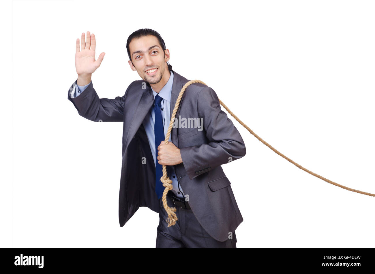 Businessman pulling rope on white Stock Photo - Alamy