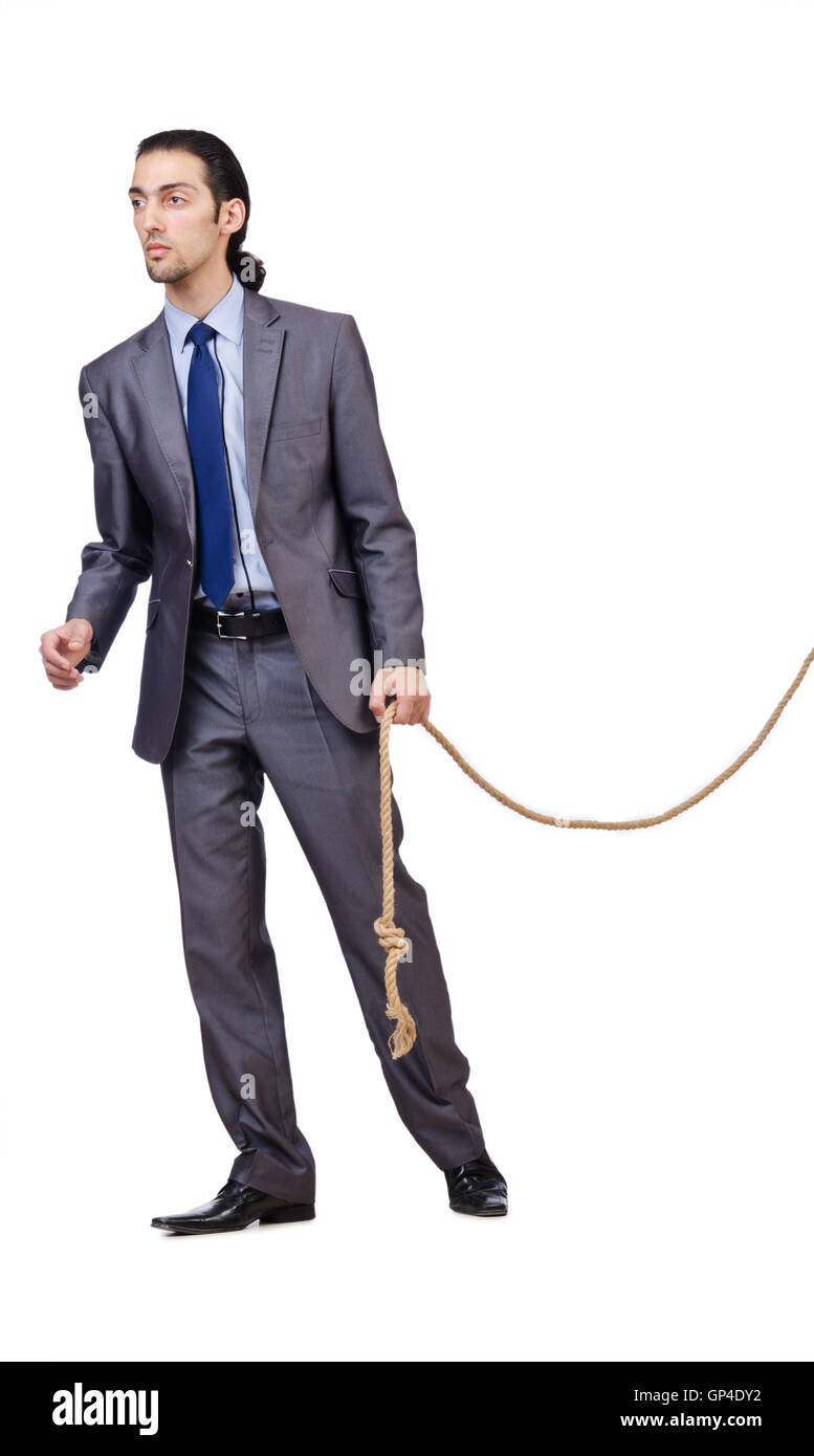 Businessman pulling rope on white Stock Photo - Alamy