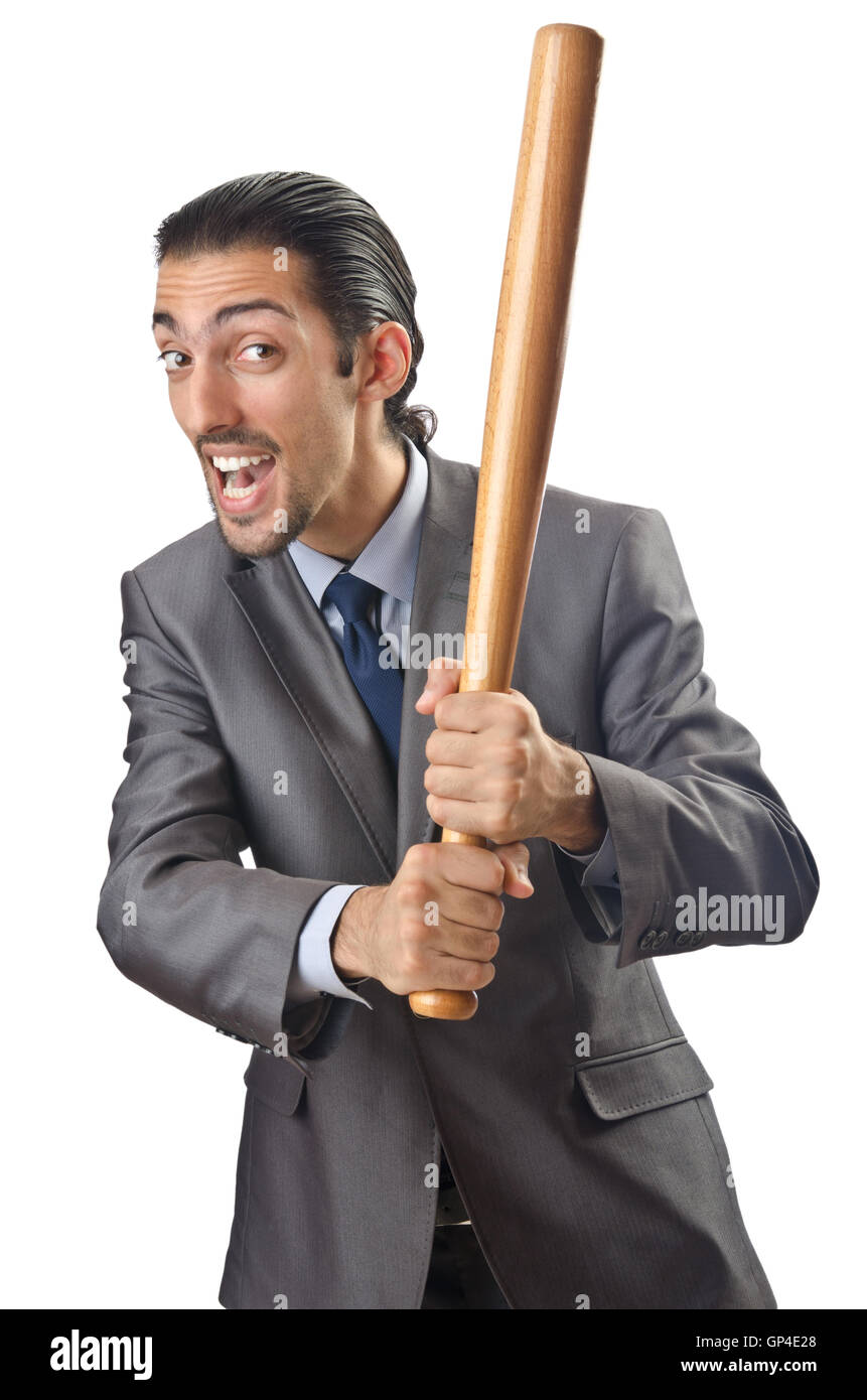 Angry businessman with bat on white Stock Photo - Alamy