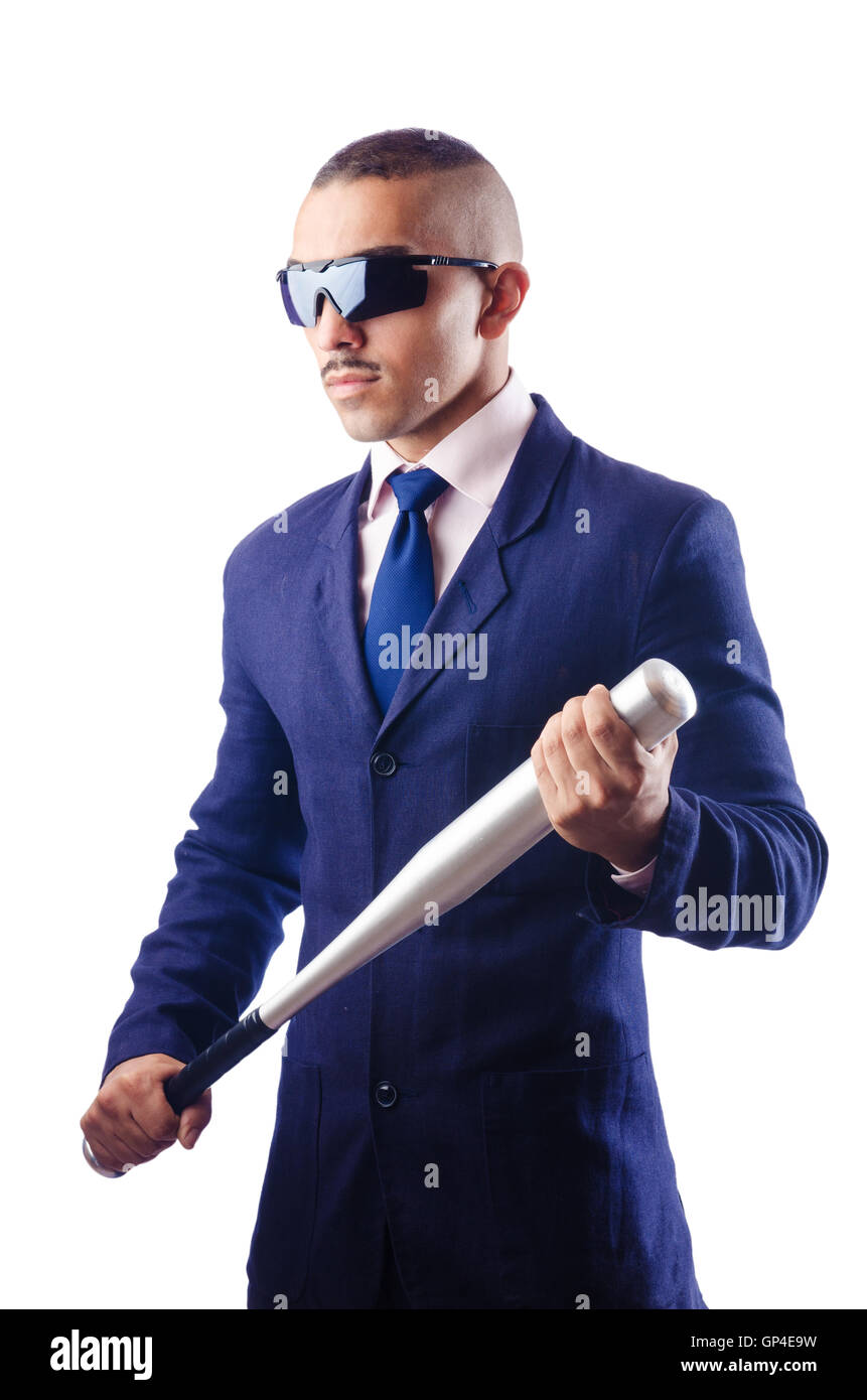 Handsome businessman with bat on white Stock Photo - Alamy