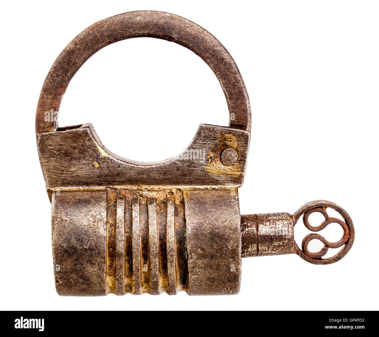 Vintage round shape hand crafted screw type iron padlock with a key ...