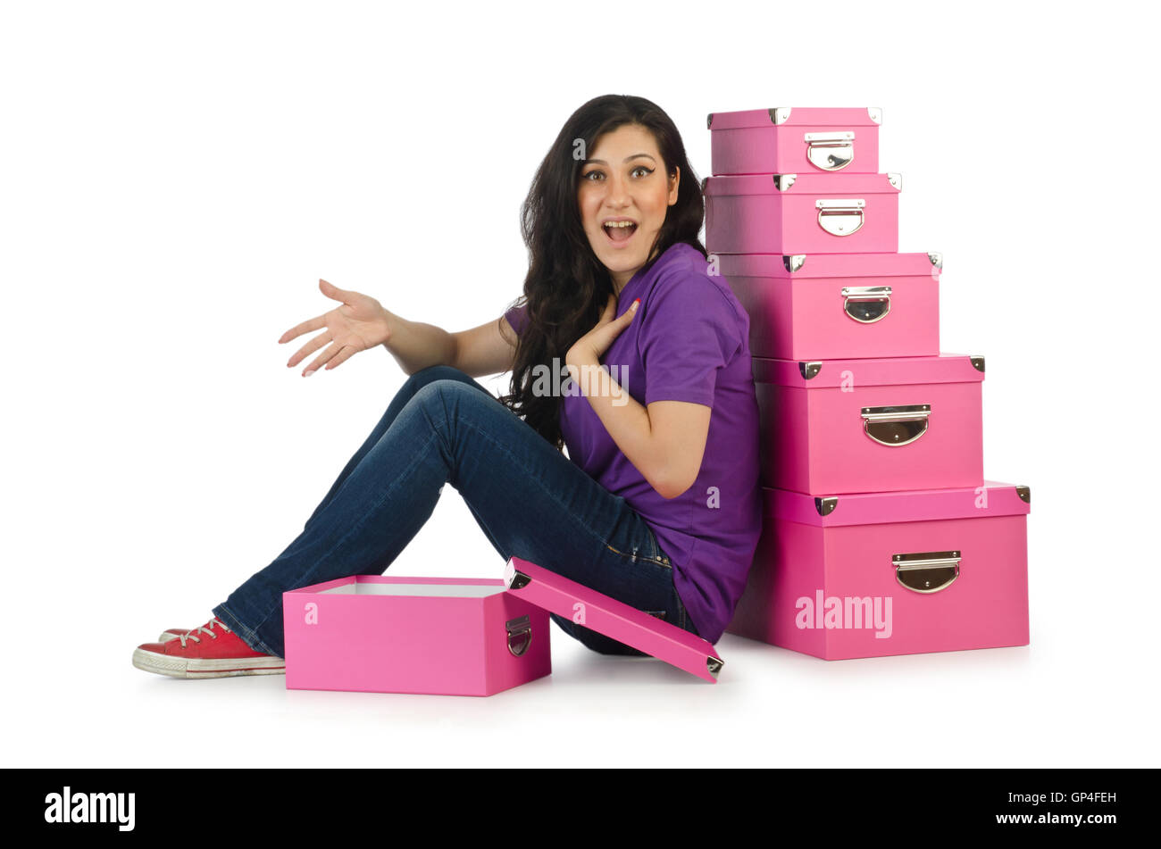 Girl with stack of giftboxes Stock Photo - Alamy