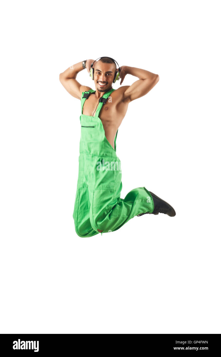 Construction worker jumping and dancing Stock Photo - Alamy