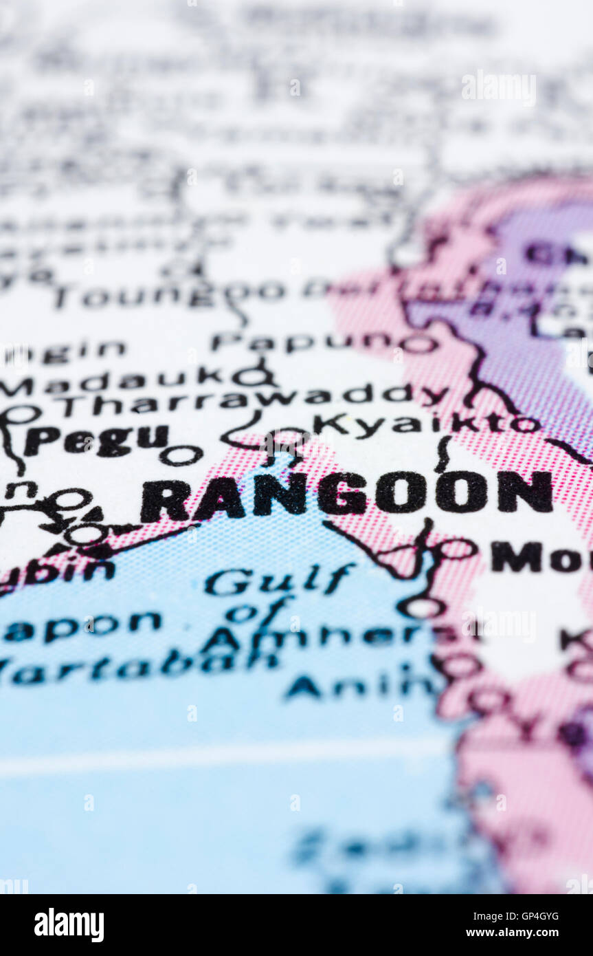 close up of Rangoon or Yangon on map, Myanmar Stock Photo - Alamy