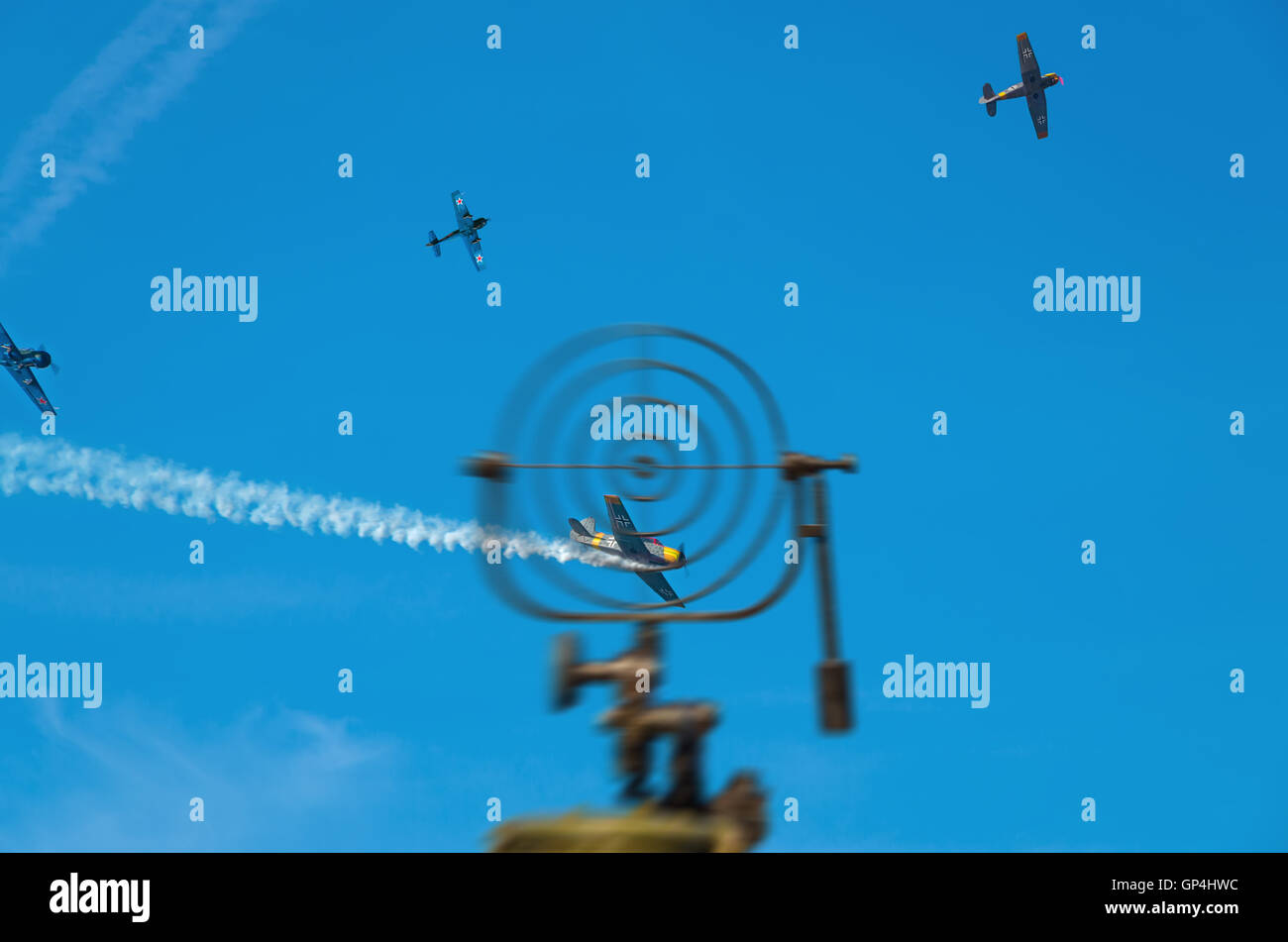 Battle in sky with use of anti-aircraft machine gun. Historical ...