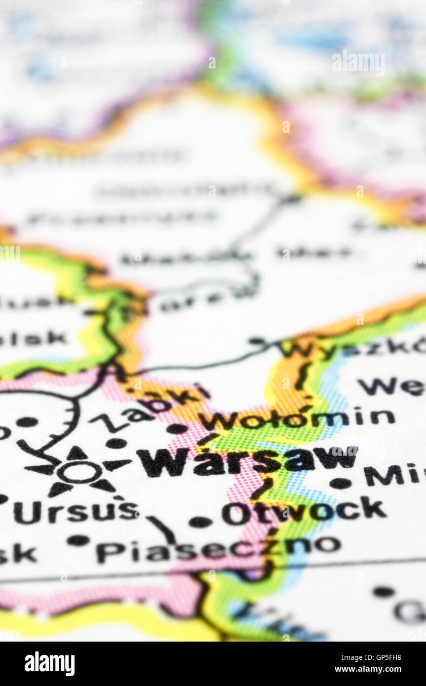 close up of Warsaw on map, Poland Stock Photo - Alamy