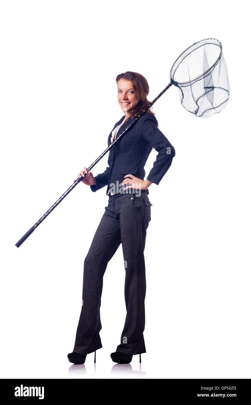 Woman with net isolated on white Stock Photo - Alamy