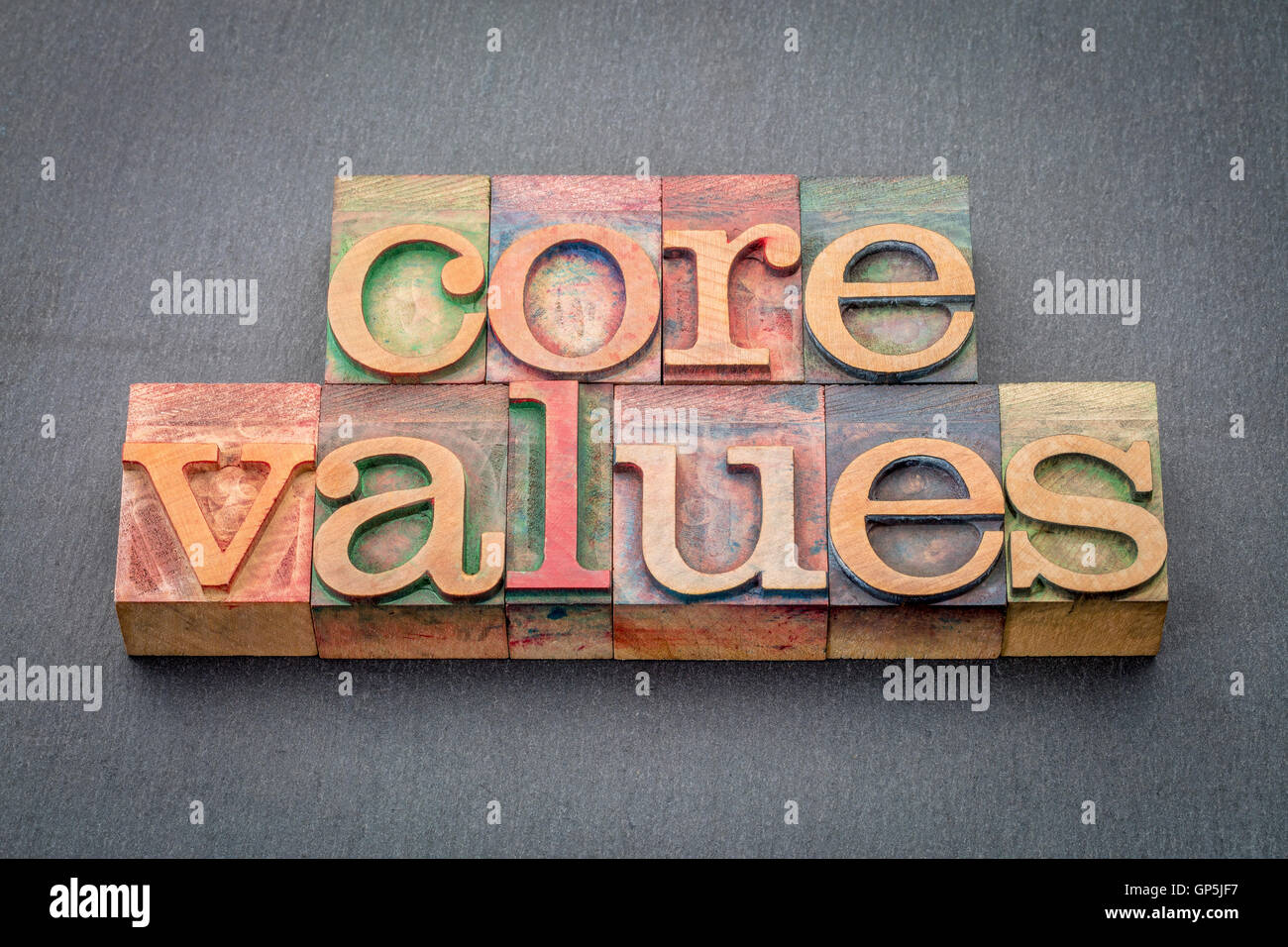 core values banner - word abstract in letterpress wood type blocks ...
