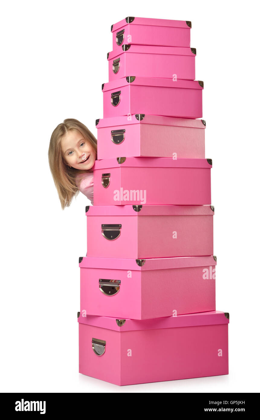 Little cute girl with lots of boxes Stock Photo - Alamy
