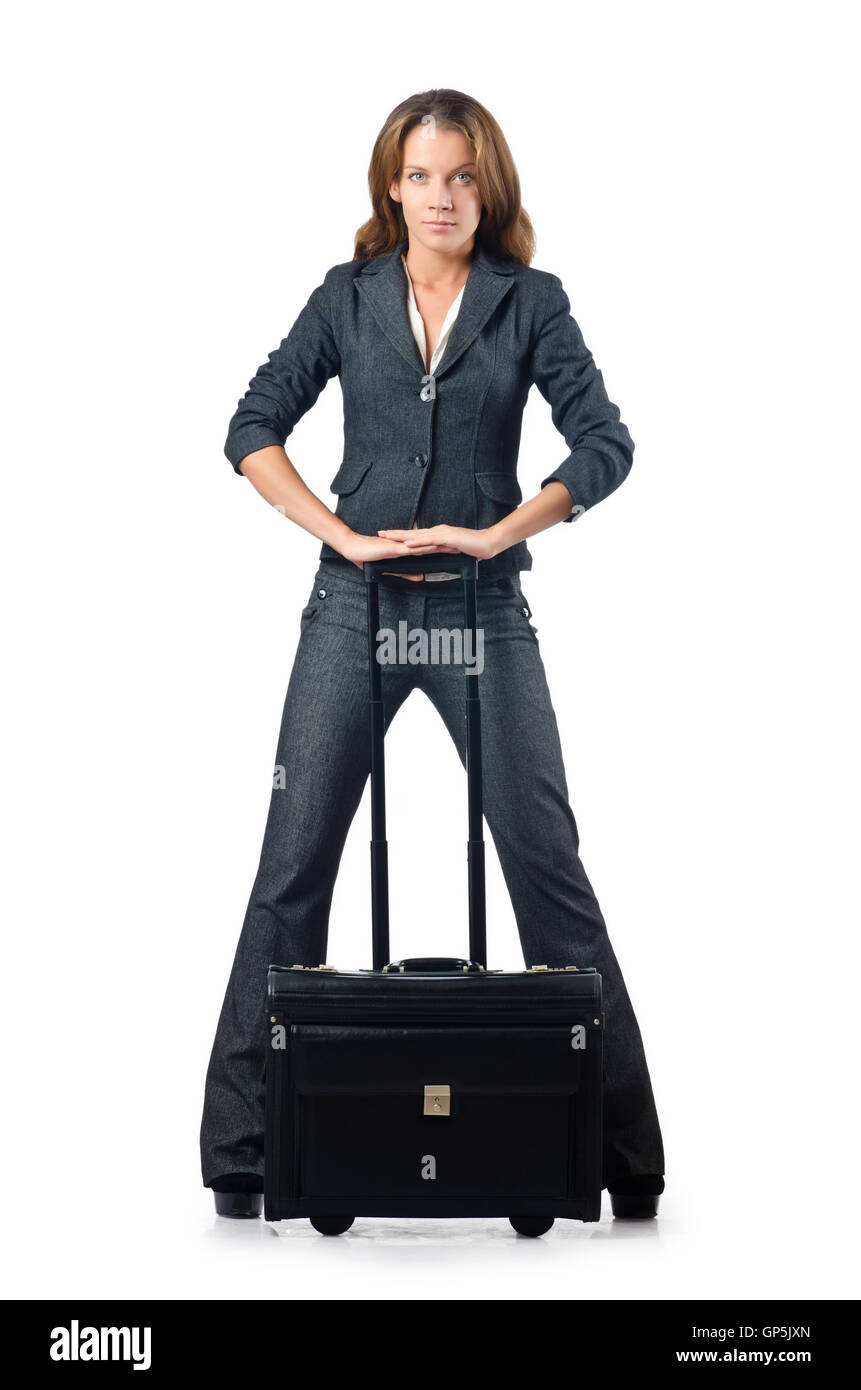 Businesswoman with travel case on white Stock Photo - Alamy