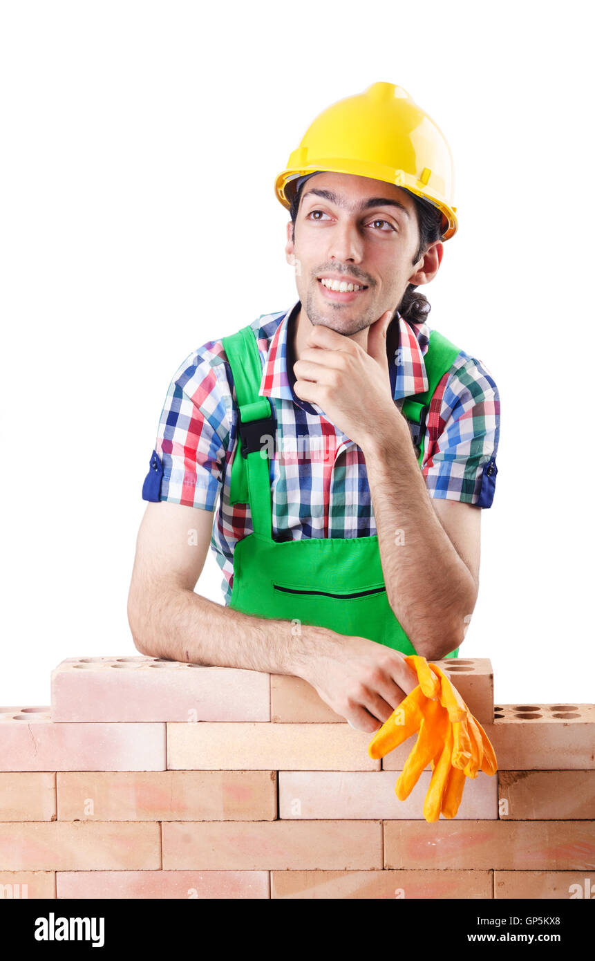 Builder with hard hat on white Stock Photo - Alamy