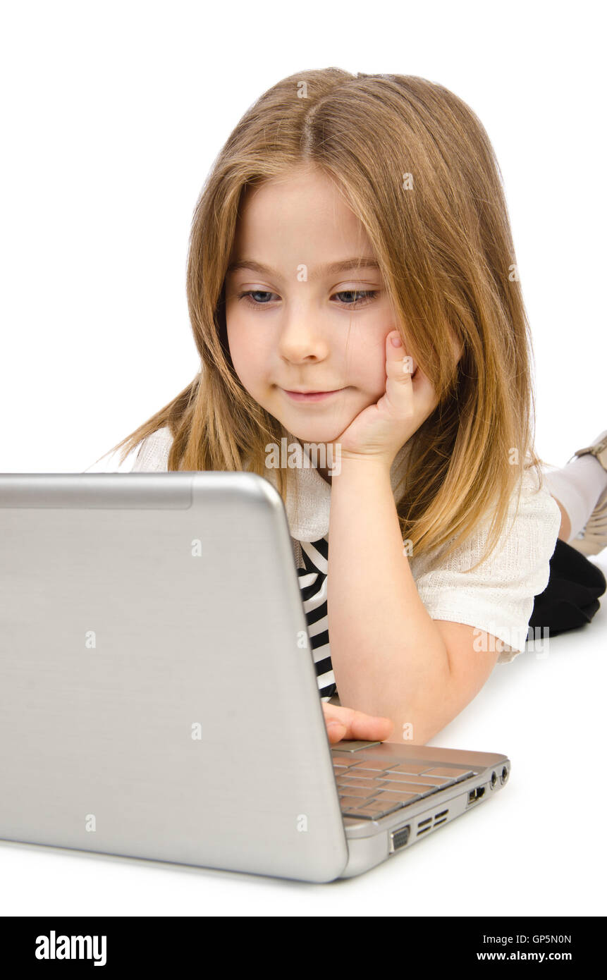 Cute girl with laptop on white Stock Photo - Alamy