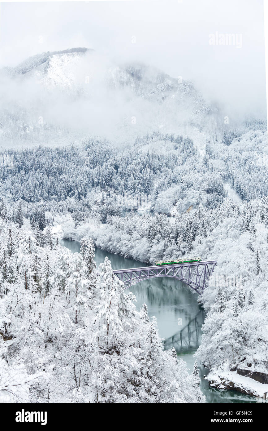 Winter landscape snow covered trees with train crossin River on Bridge ...