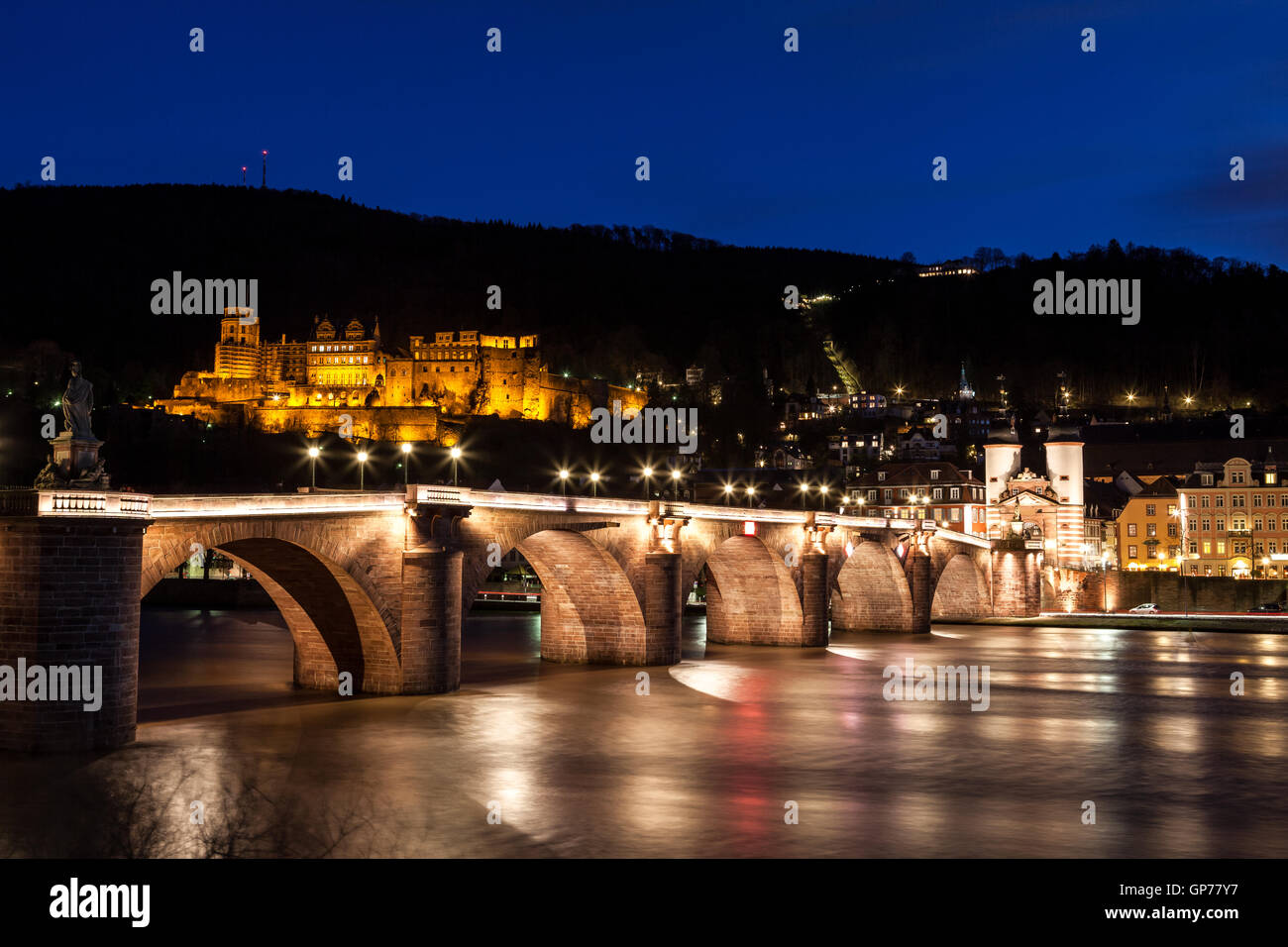 Heidelberg Old Bridge and Castle at Night. Heidelberg, Germany Stock ...