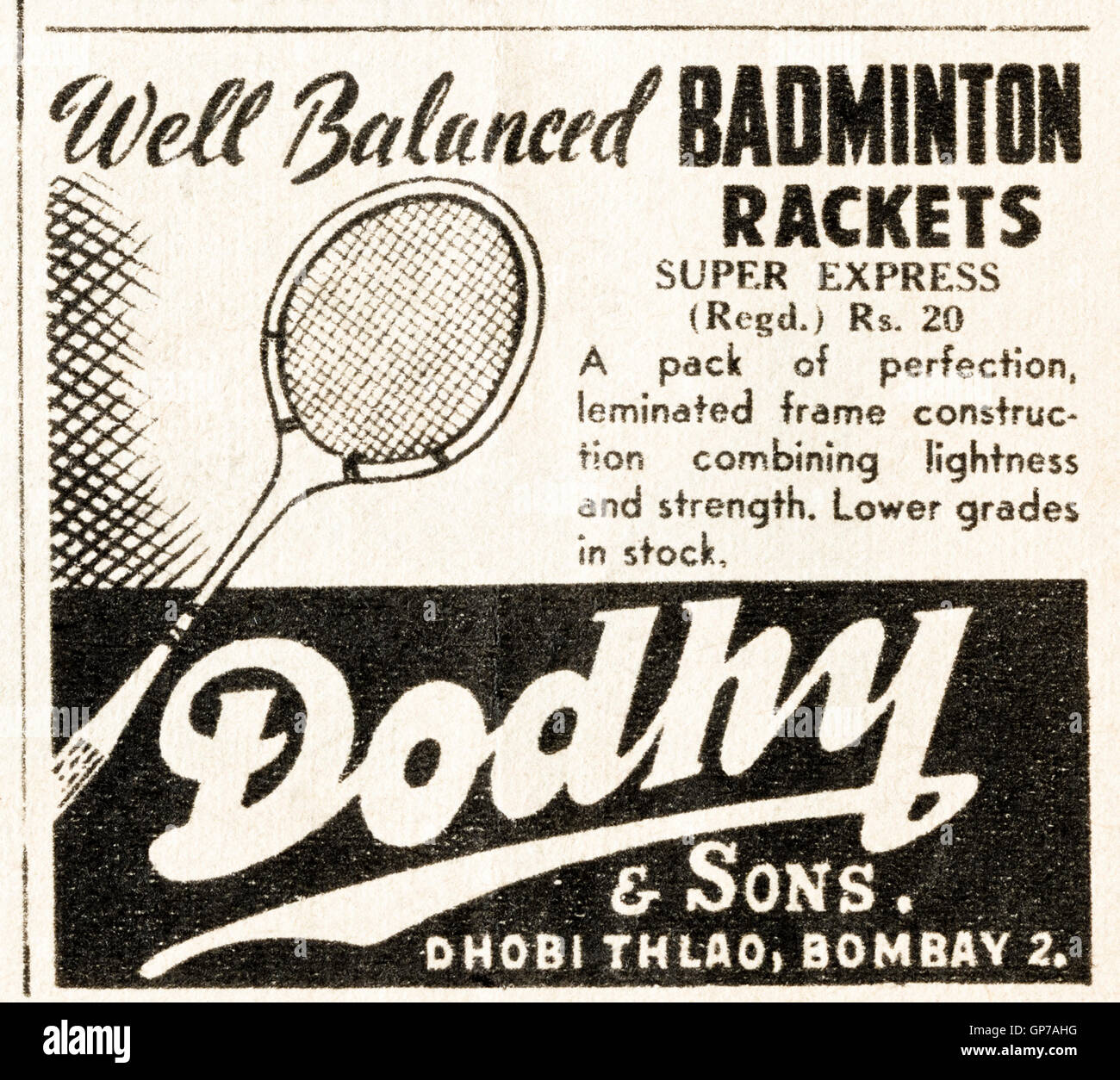 Advertisement advertising badminton rackets by Dodhy & Sons of Bombay ...