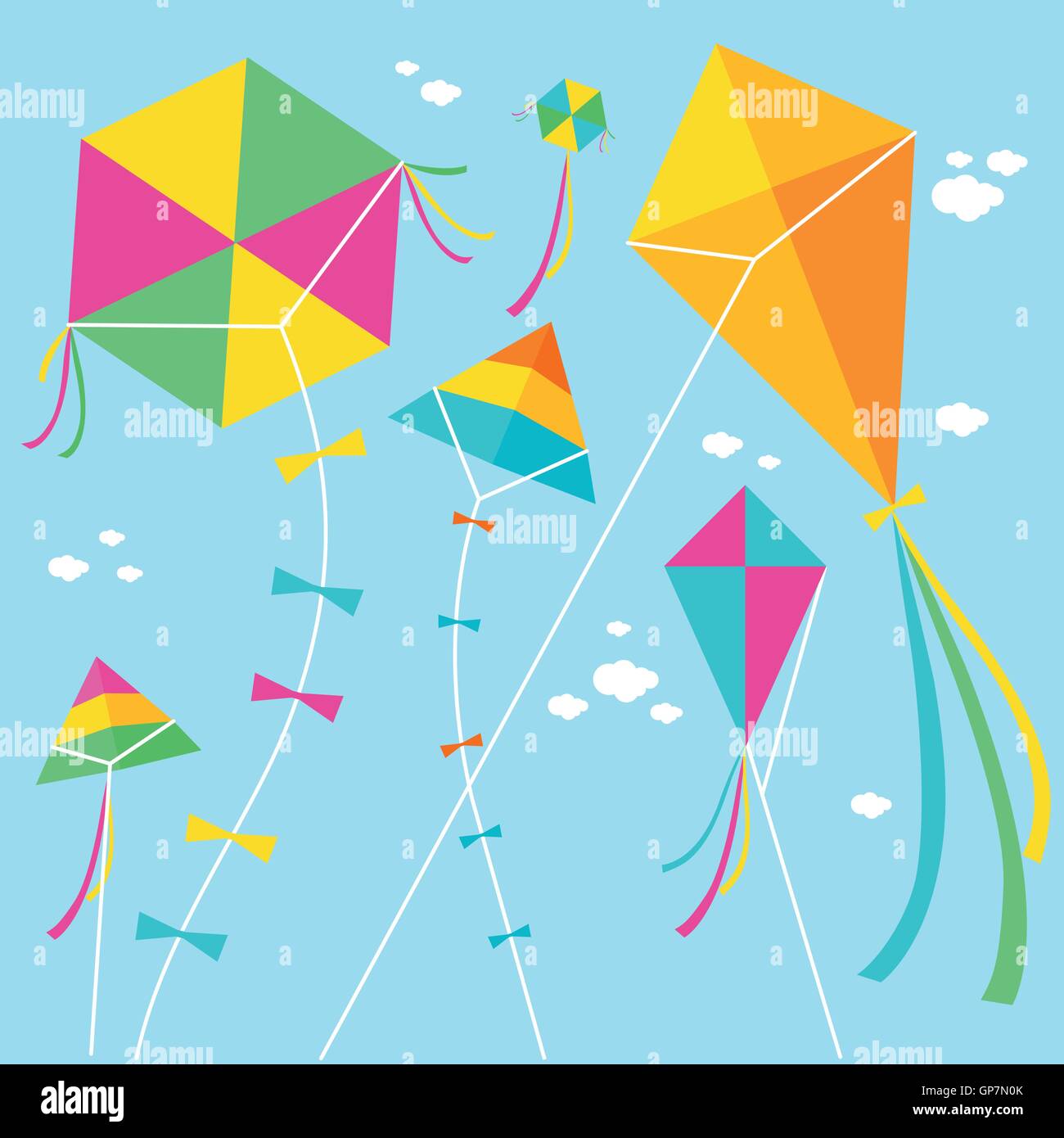Colorful kites and clouds in the sky. Beautiful kites fly in the blue ...