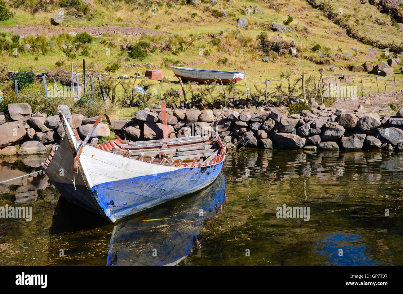 Hilly village on Taquile island in Titicaca Lake, Puno, Peru Stock ...