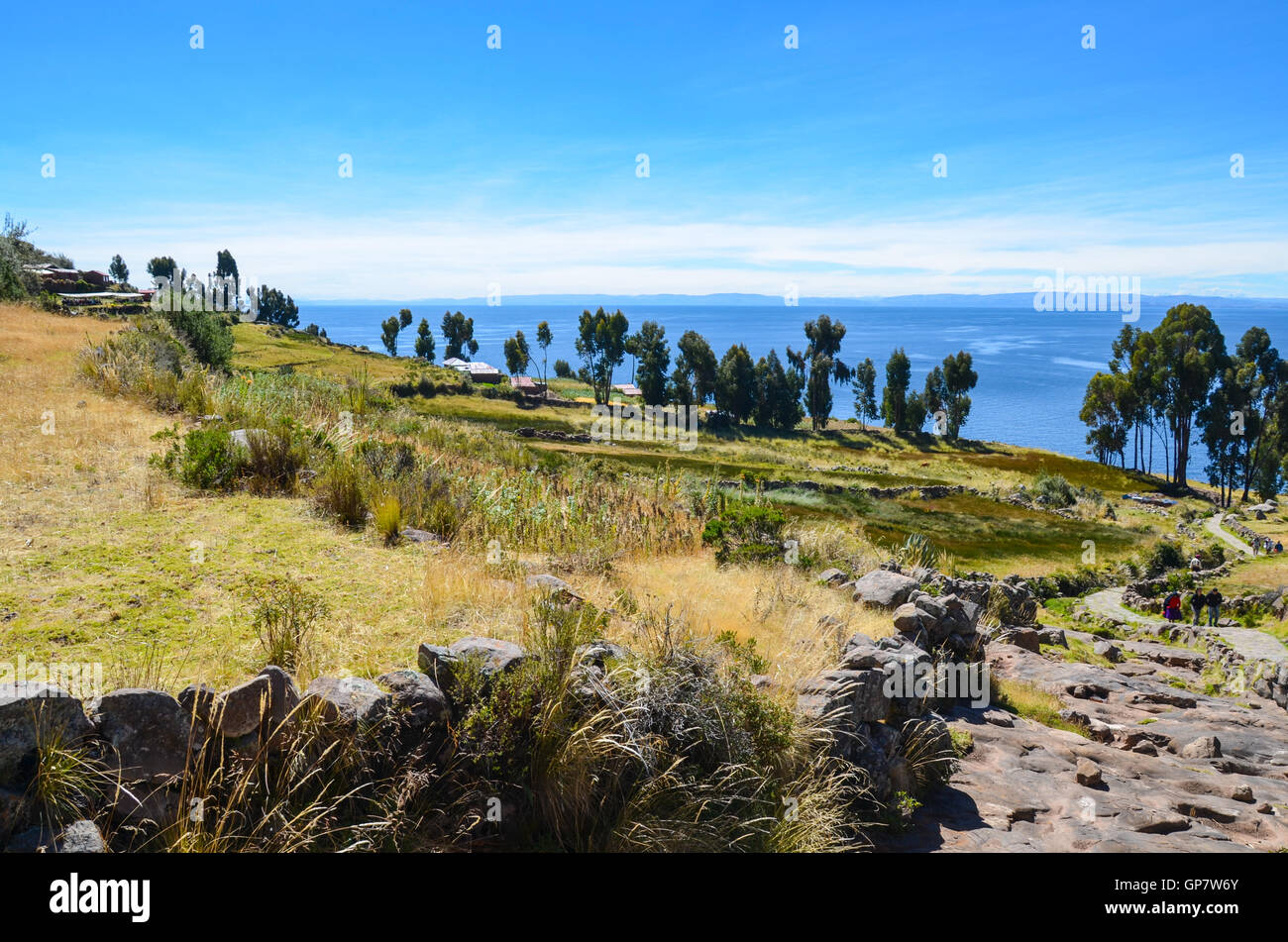 Hilly village on Taquile island in Titicaca Lake, Puno, Peru Stock ...
