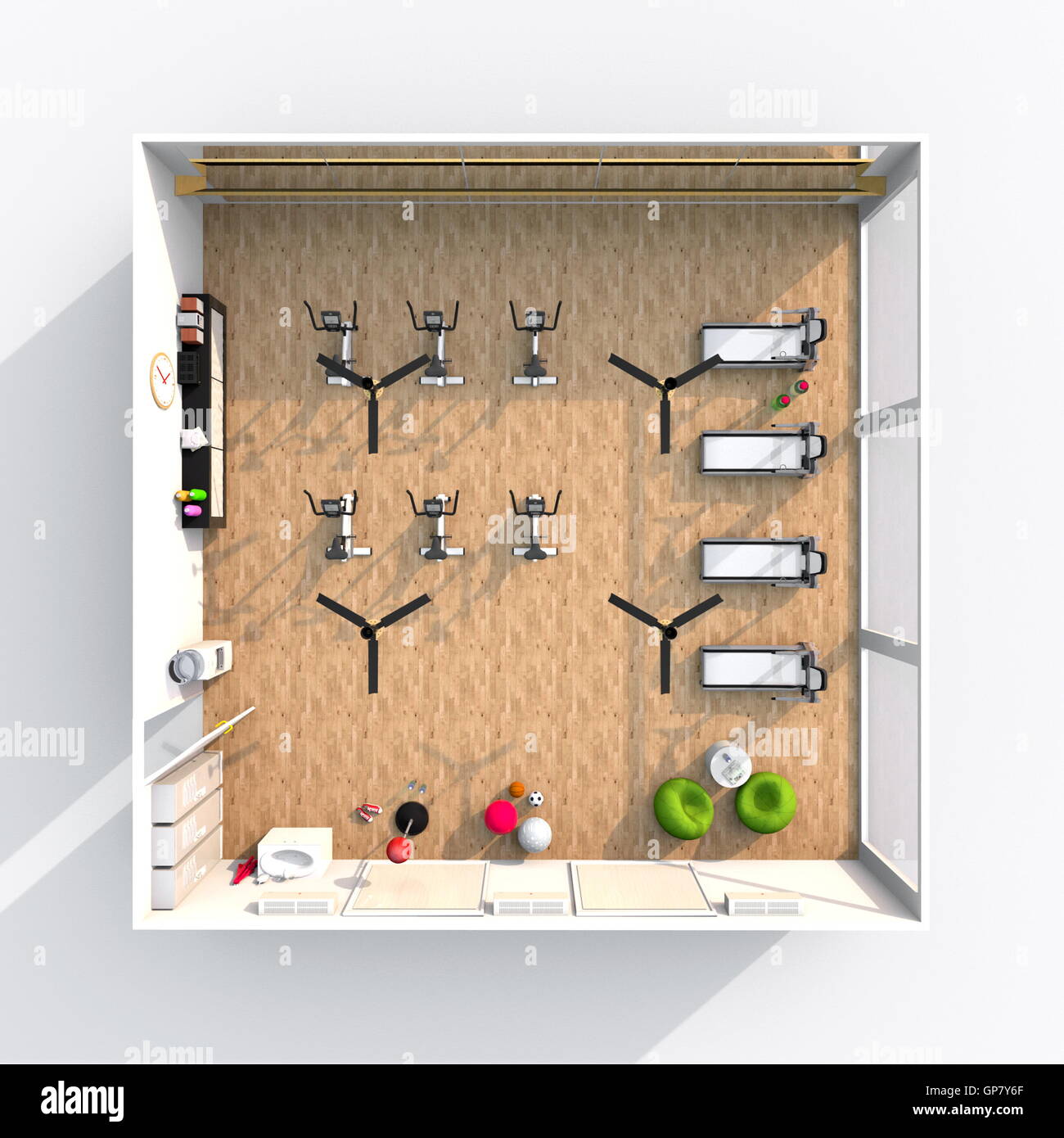 3d interior rendering plan view of furnished gym Stock Photo - Alamy