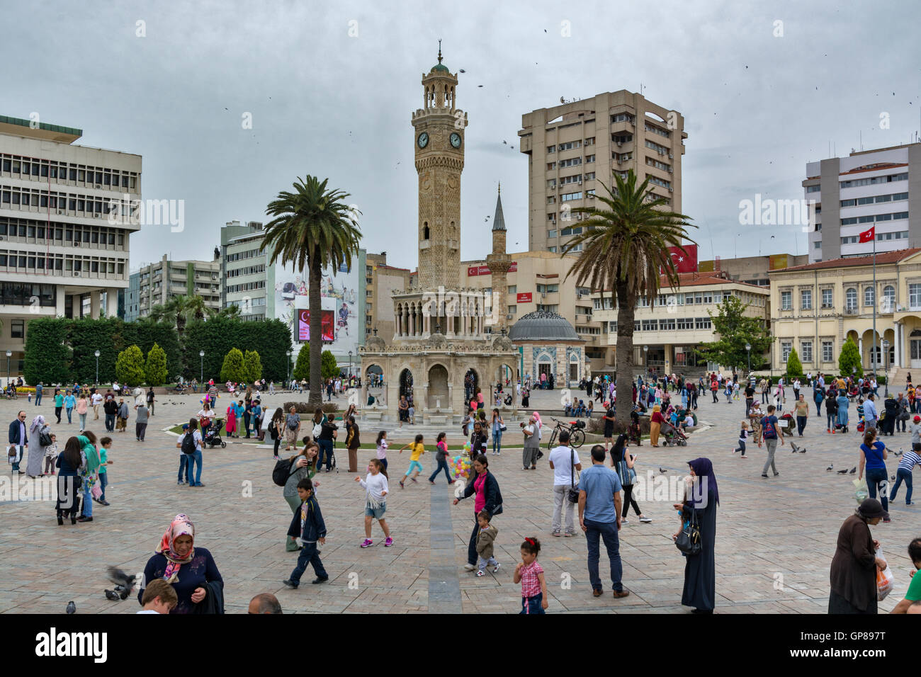 People at Konak Square in front of Izmir Clock Tower in Aegean Region ...