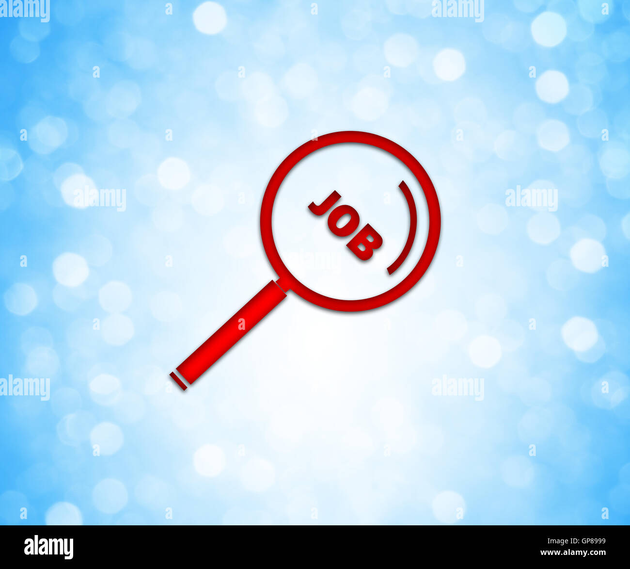 Red colored loupe icon over a blue bokeh background. Job search Stock ...