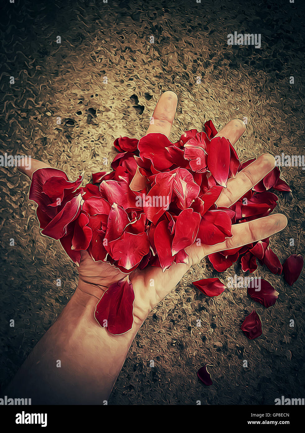 Dark illustration of red rose petals in a human palm Stock Photo - Alamy