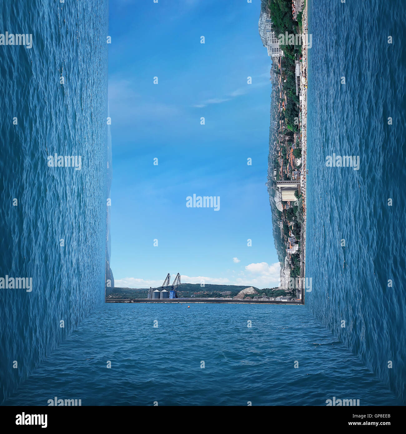 Surreal three dimensional landscape of a coast of the sea. Summer ...