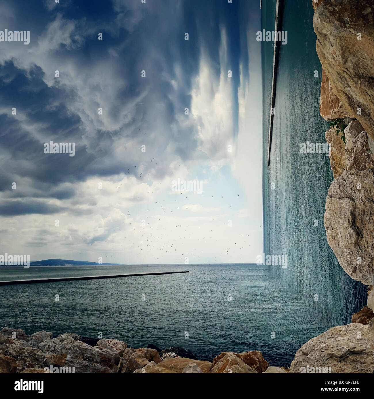 Surreal background of two worlds collide at the coast of the sea. Sea ...