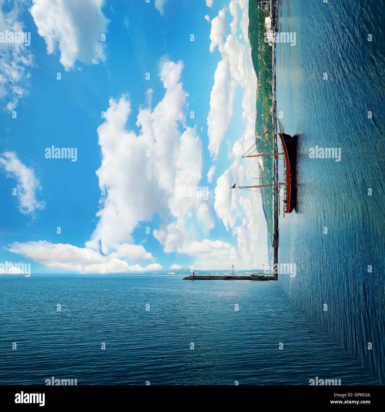 Surreal background of two worlds collide at the coast of the sea. Clear ...