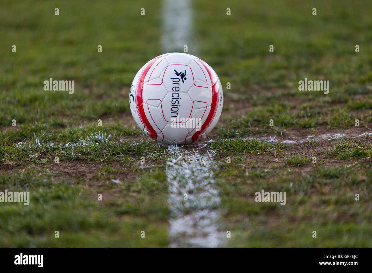 Football on the halfway line awaiting the game kick off Stock Photo - Alamy