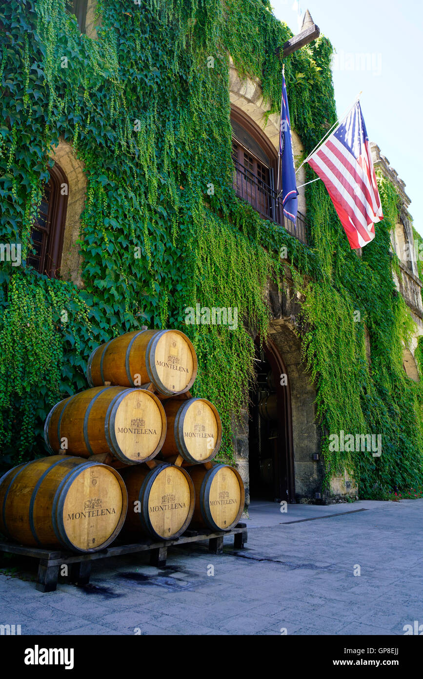 Oak wine barrels in the winery of Chateau Montelena,Calistoga ...