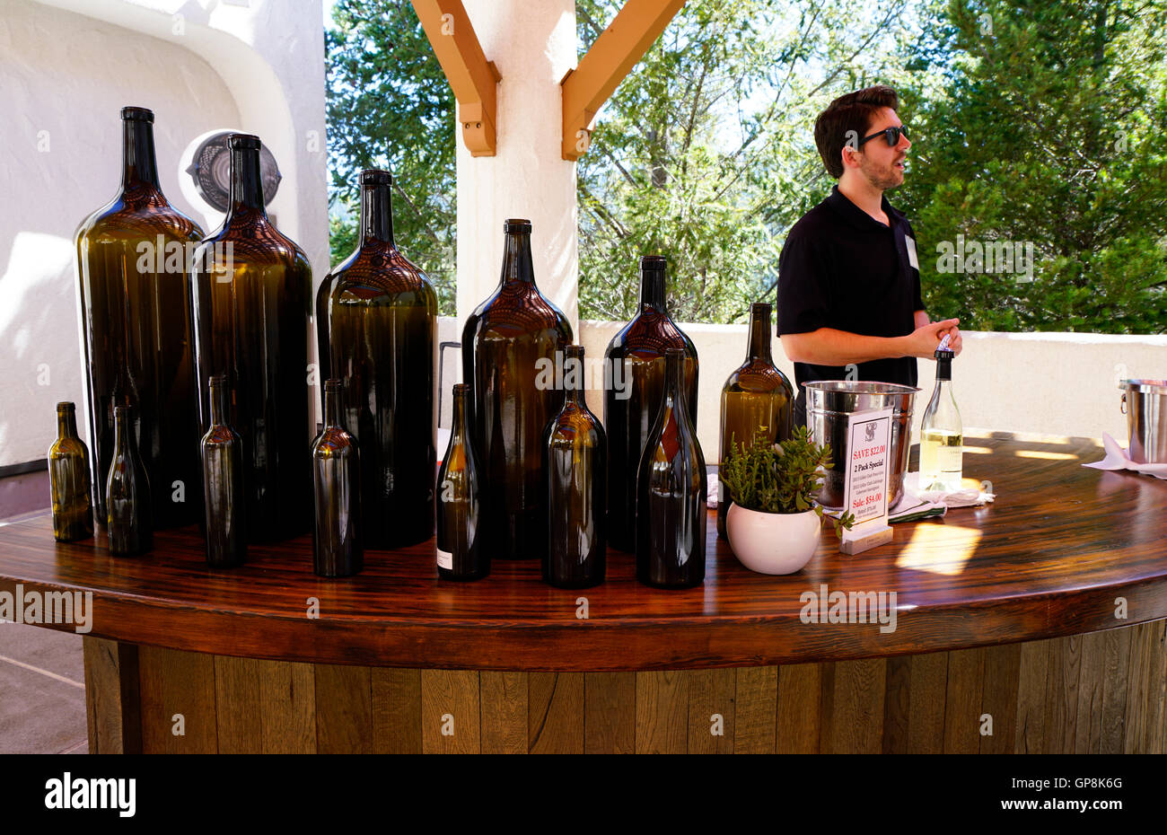 Wine tasting station with wine bottles decoration at Sterling Vineyards ...