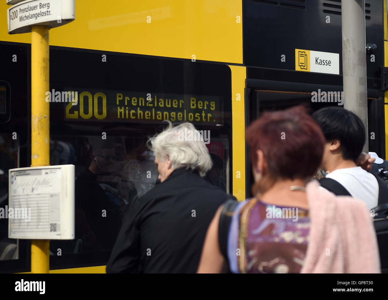 Berlin, Germany. 30th Aug, 2016. Passengers get on a BVG bus on the 200 ...
