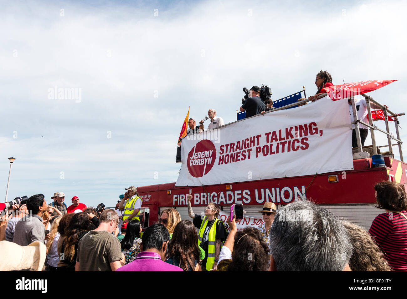 British Labour party leader, Jeremy Corbyn, standing on his 'battle ...