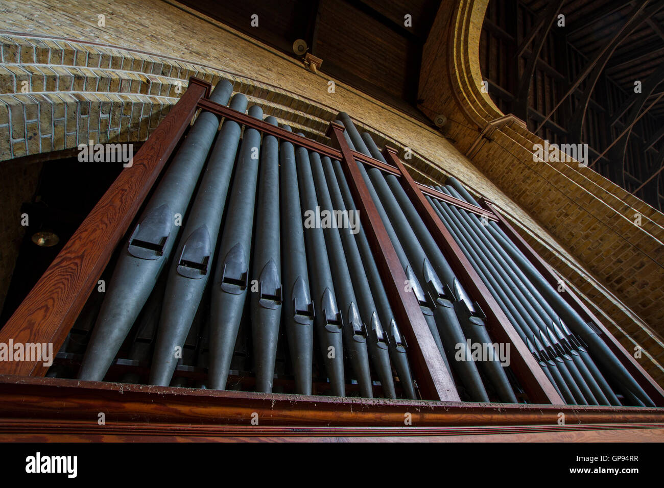 Close up of the of the organ pipes inside Severalls Chapel, Colchester ...