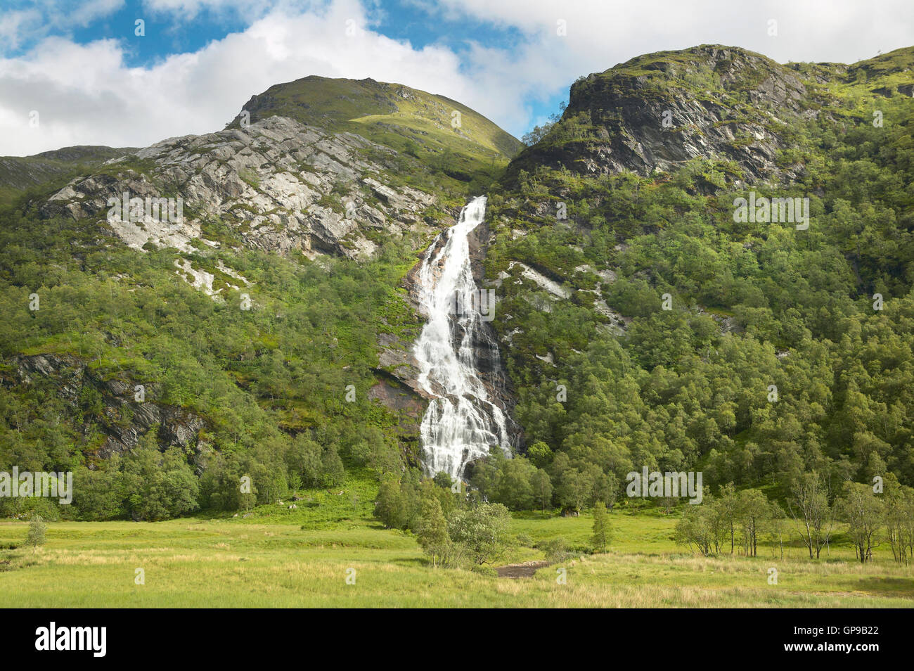 Scottish landscape with forest, mountain and waterfall. Horizontal ...
