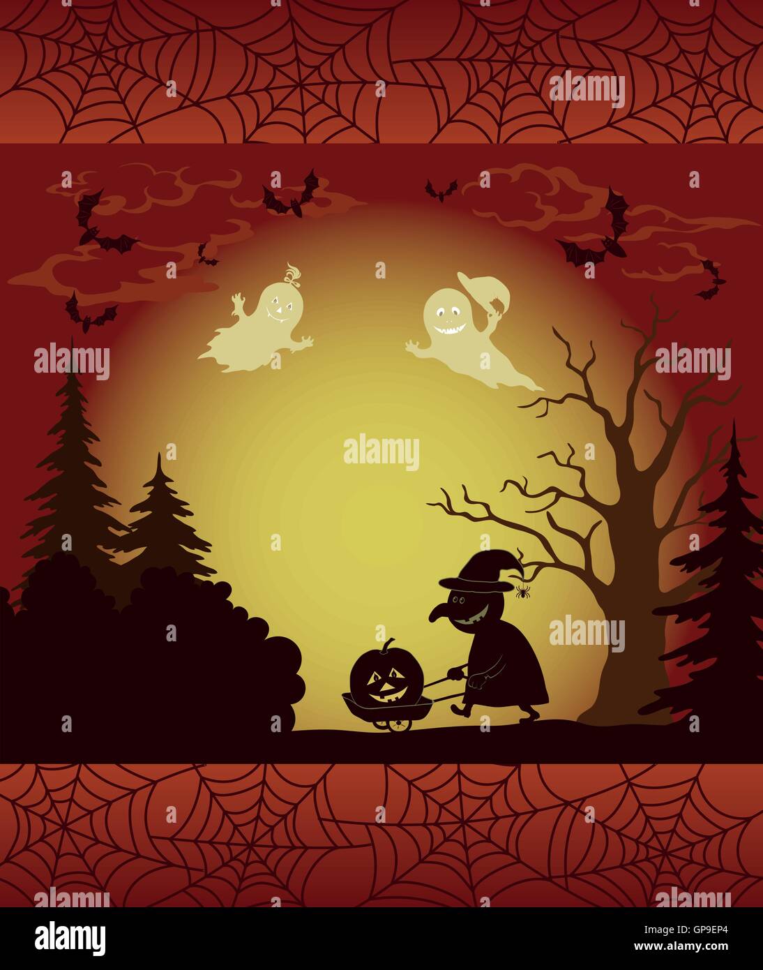 Halloween landscape, ghosts, pumpkins and witch Stock Vector Image ...