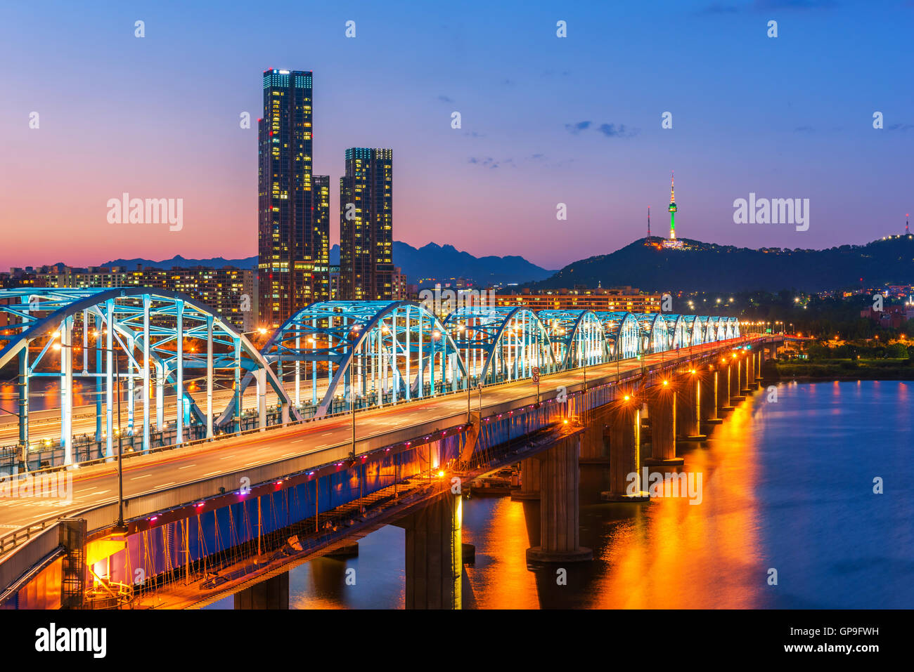 Korea,Seoul at night, South Korea city skyline at Dongjak Bridge Han ...