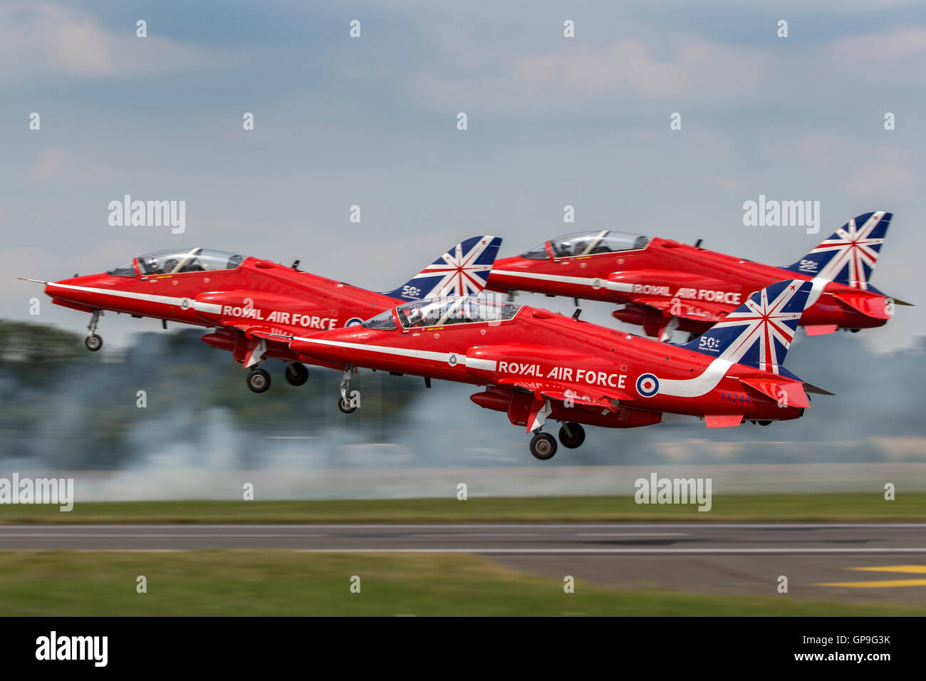 Royal Air Force (RAF) Red Arrows aerobatic display team flying British ...