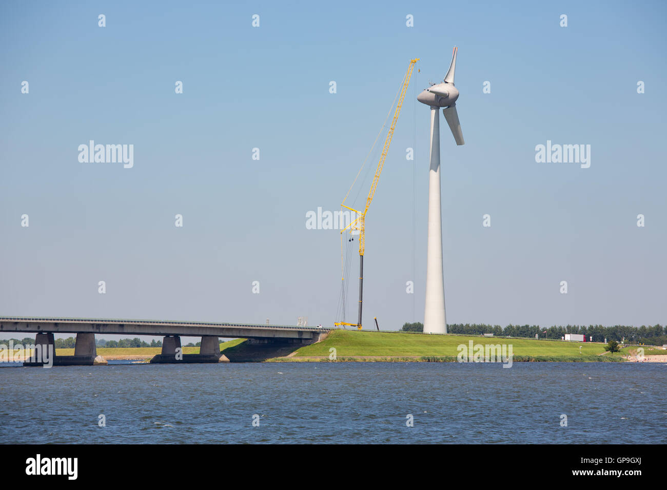 Construction site new Dutch windturbine near concrete bridge Stock ...