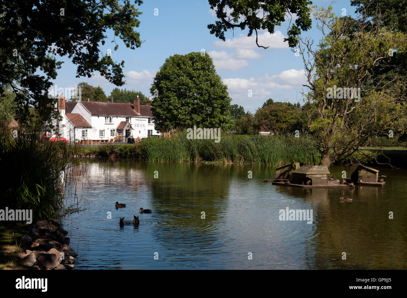 The duck pond and Swan Inn, Hanley Swan, Worcestershire, England, UK ...