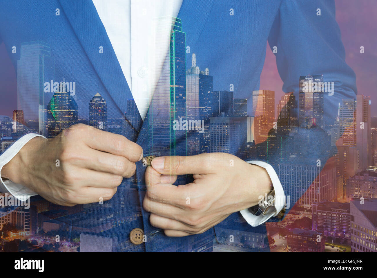 Man in blue suit two bottons, doing button. Double exposure elegant man ...