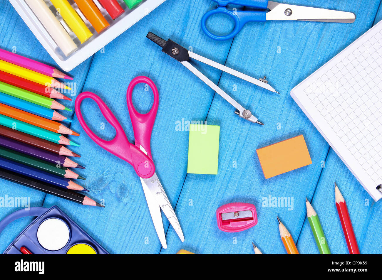School and office accessories on blue boards, back to school concept ...