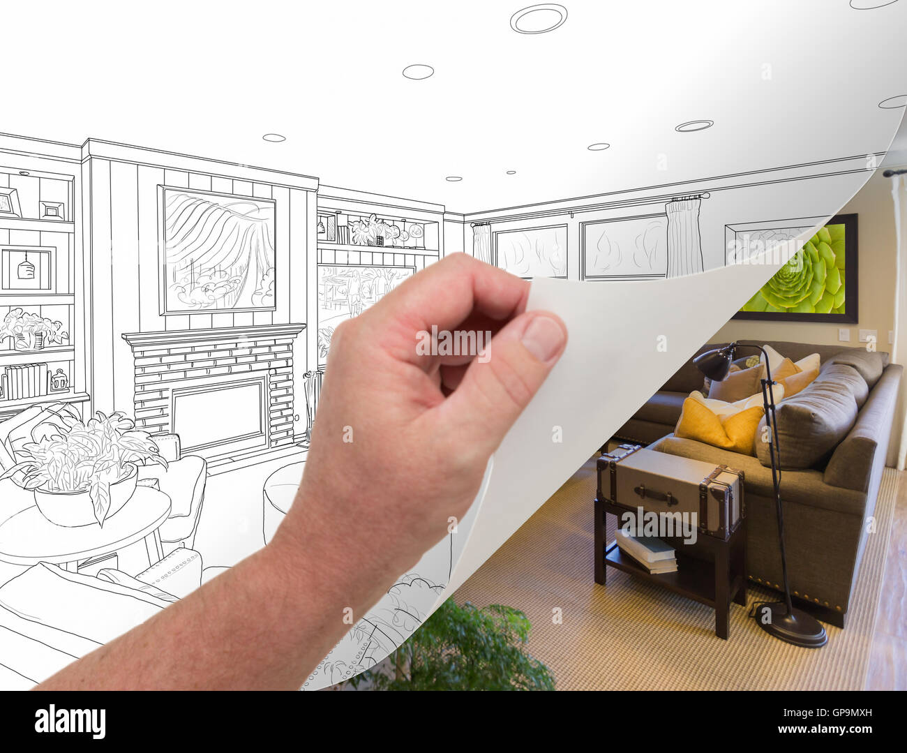 Male Hand Turning Page of Custom Living Room Photograph to Drawing ...