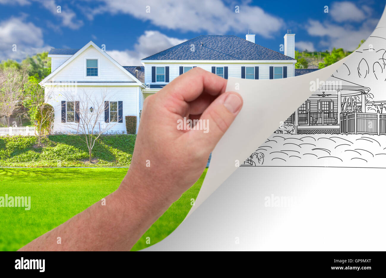 Male Hand Turning Page of Custom Home Photograph to Drawing Underneath ...
