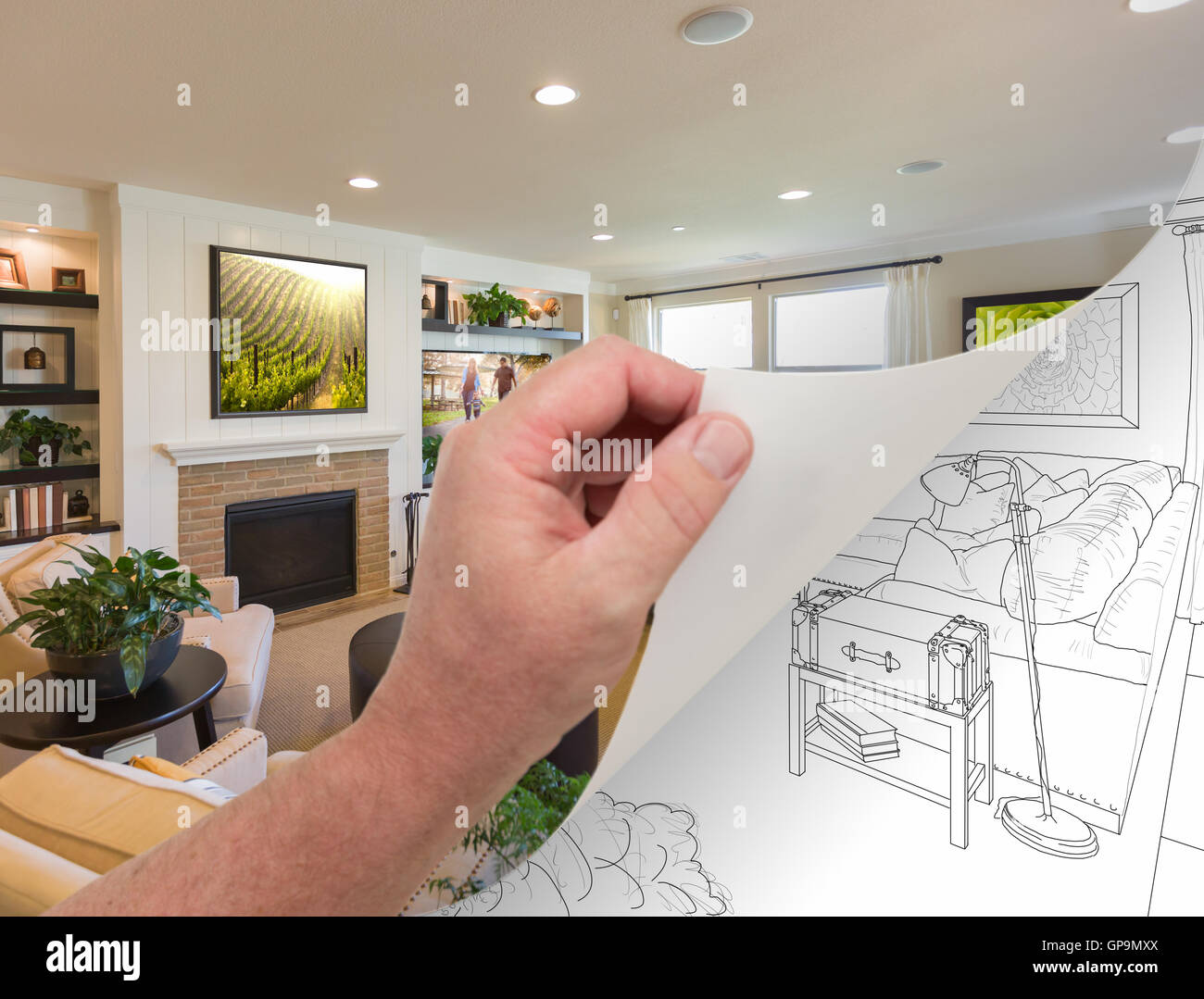 Male Hand Turning Page of Custom Living Room Photograph to Drawing ...