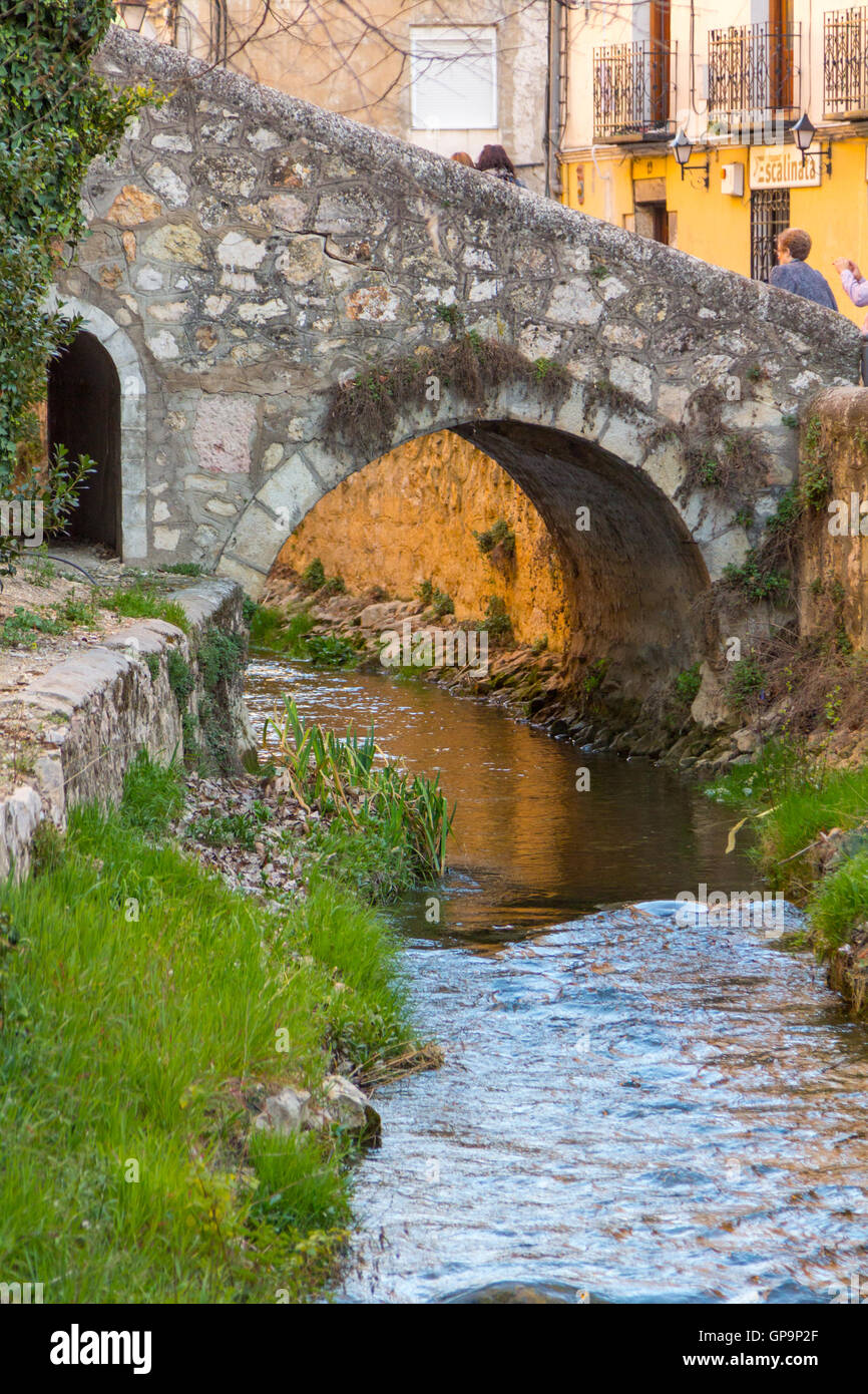 Arch stone bridge and pedestrian in the city of Cuenca, Spain Stock ...