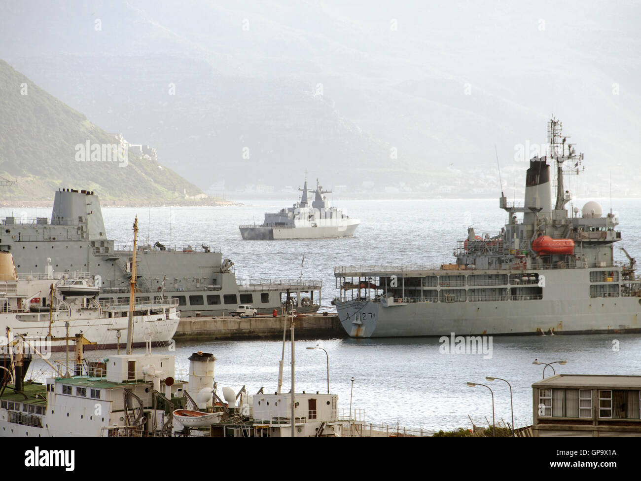 South African navy's modern frigate in Simon's Bay with older ships in ...