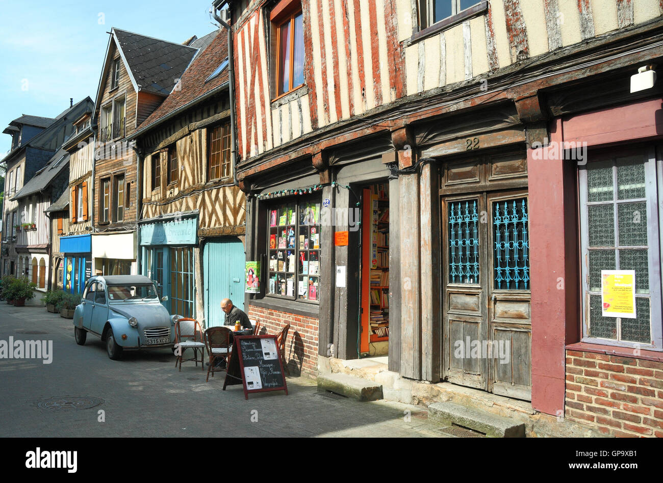 Medieval Timber framed houses and shops in the Normandy town of Bernay ...