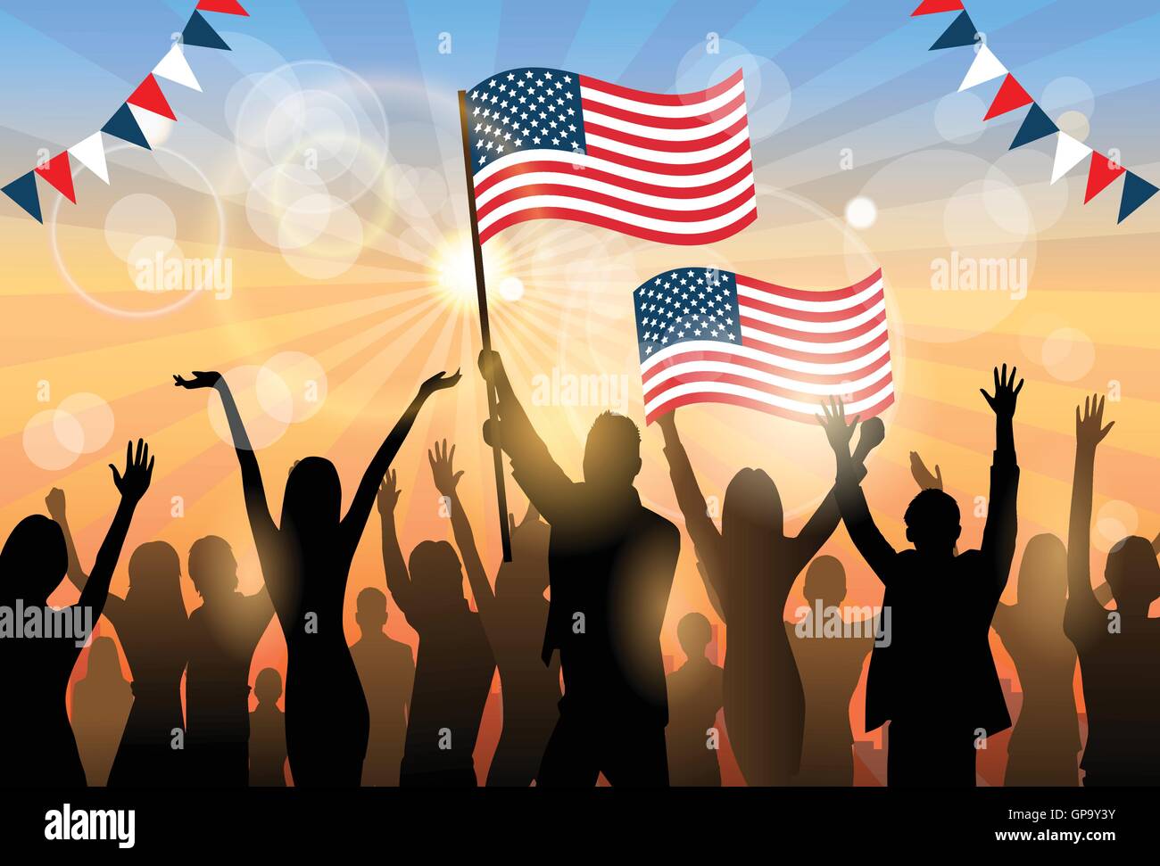 People Group Silhouette Crowd Hold Flag United States America Patriot ...